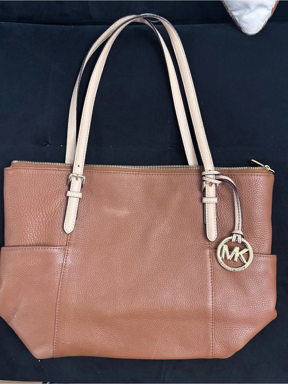 Michael Kors | Bags | Michael Kors Tan Pebbled Leather Tote With Cream ...